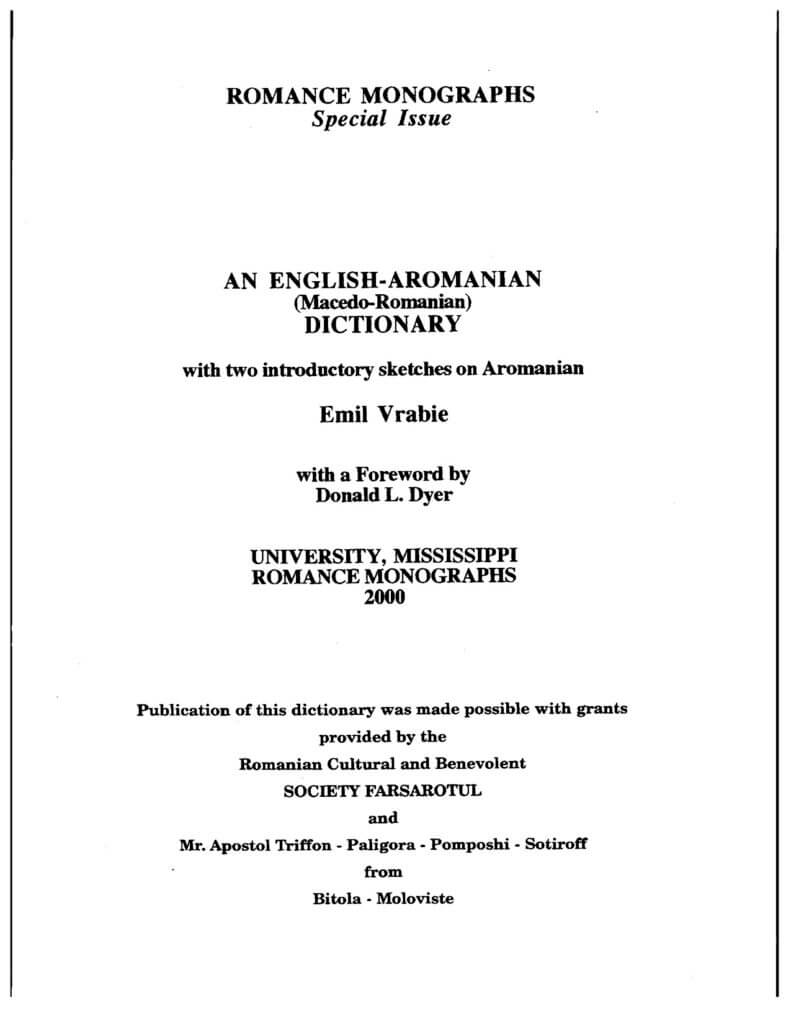 An English-Aromanian Dictionary - Aromanian Cultural Society Farsharotu