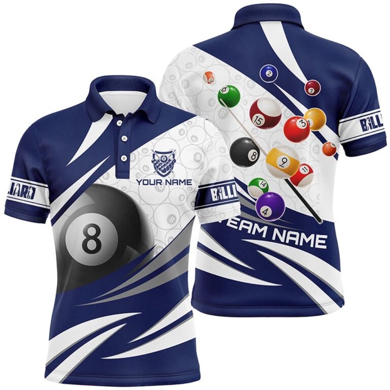 Blue 8 Ball Point 3D Billiard Polo Shirts Best Custom Billiards Apparel ...
