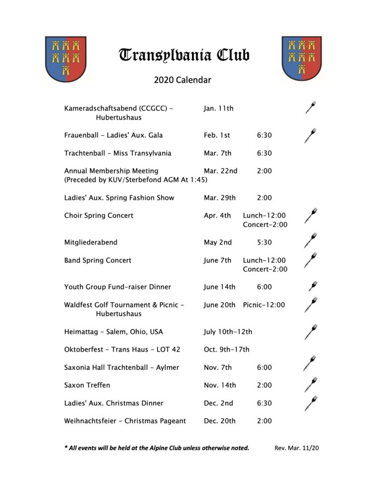 2020 Events Calendar - Transylvania Club
